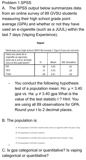 Solved Problem 1. SPSS A The SPSS output below summarizes | Chegg.com
