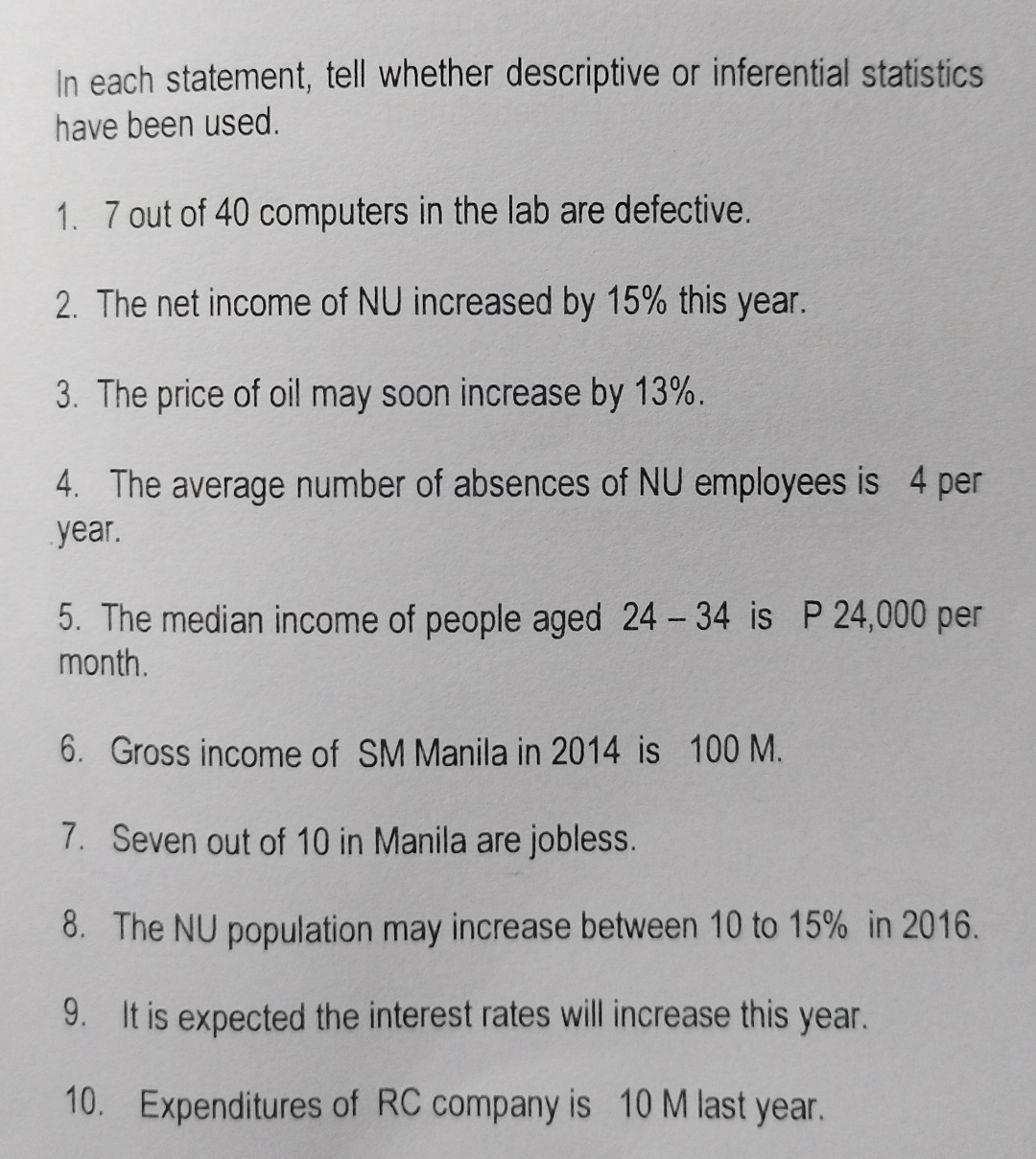 Solved In each statement, tell whether descriptive or | Chegg.com