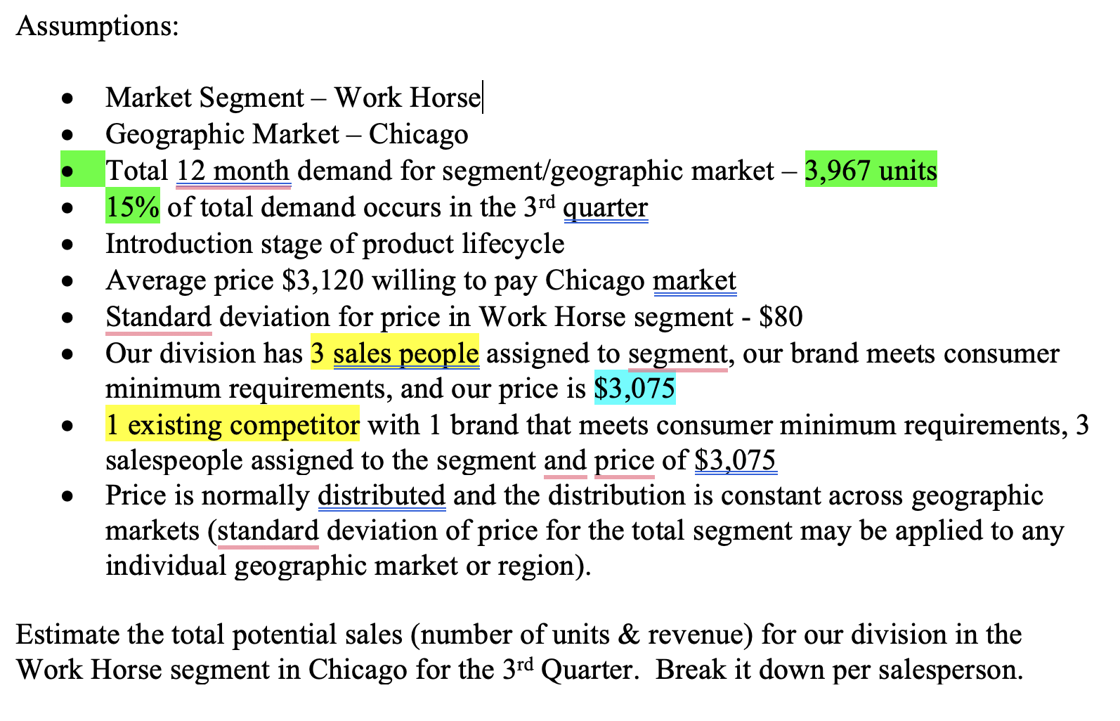 Solved Assumptions:Market Segment - ﻿Work Horse|Geographic | Chegg.com