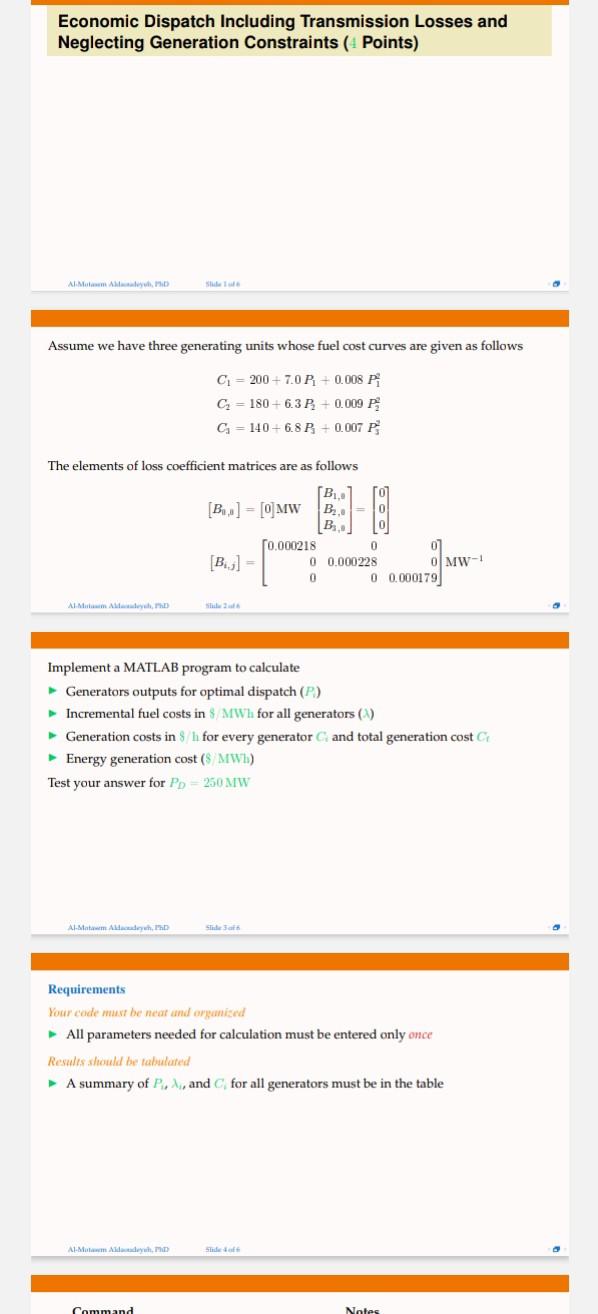 Solved Economic Dispatch Including Transmission Losses and | Chegg.com