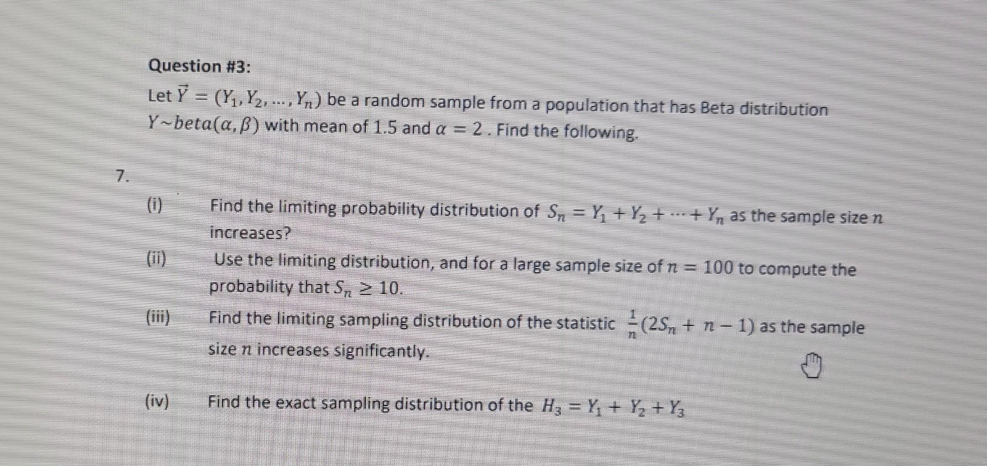 Solved Question \#3: Let Y=(Y1,Y2,…,Yn) be a random sample | Chegg.com