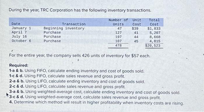 Solved During the year, TRC Corporation has the following | Chegg.com