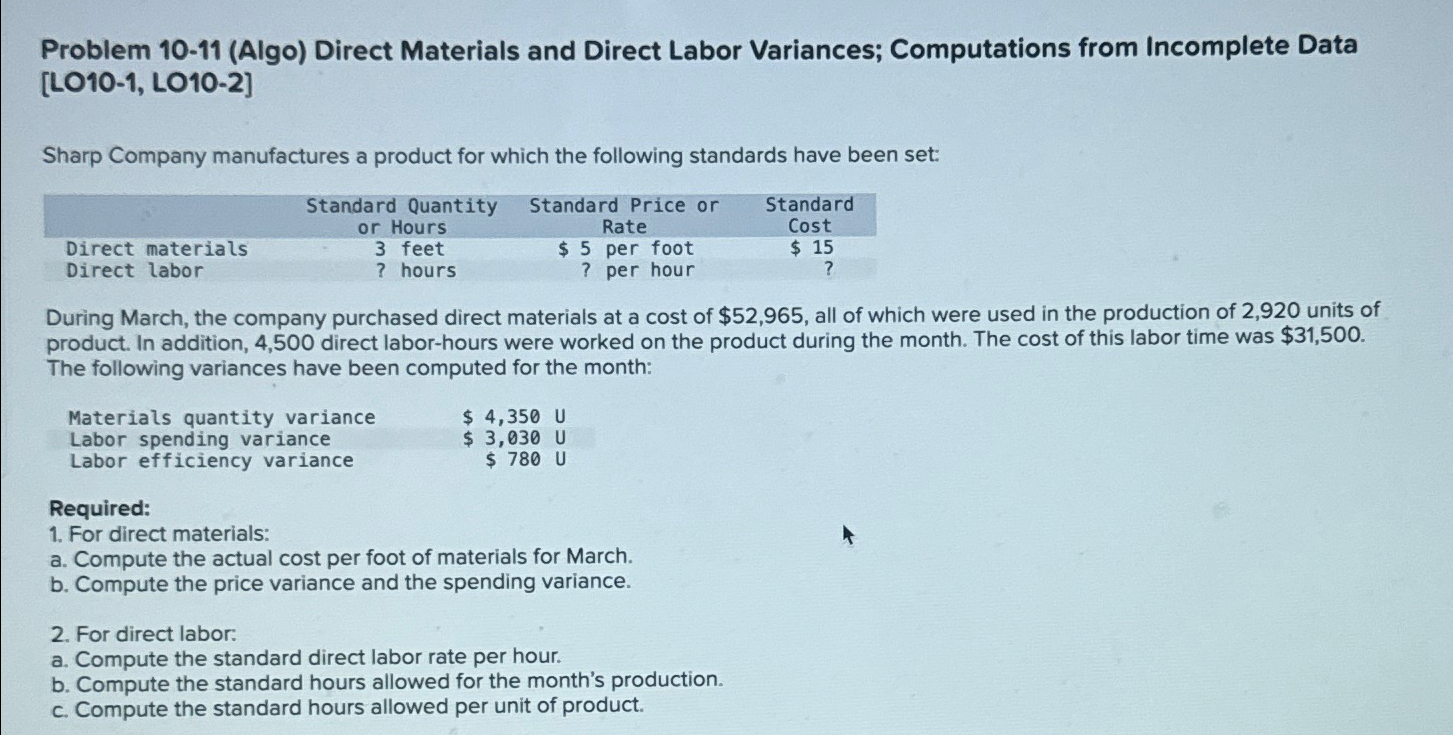 Solved Problem 10-11 (Algo) ﻿Direct Materials and Direct | Chegg.com