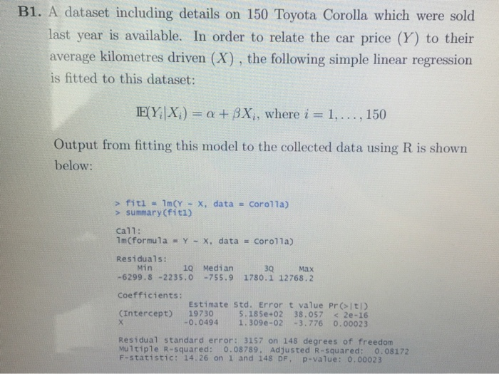 Solved B1. A dataset including details on 150 Toyota Corolla | Chegg.com