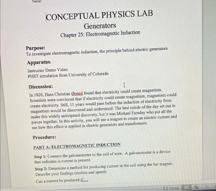 Name: CONCEPTUAL PHYSICS LAB Generators Chapter 25: | Chegg.com