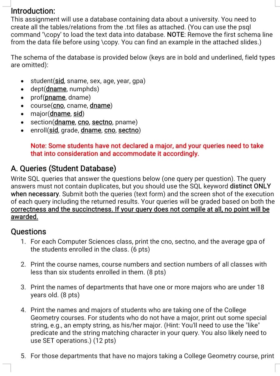 Solved Introduction: This assignment will use a database | Chegg.com