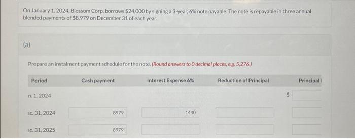 Solved On January 1.2024, Blossom Corp. borrows $24.000 by | Chegg.com