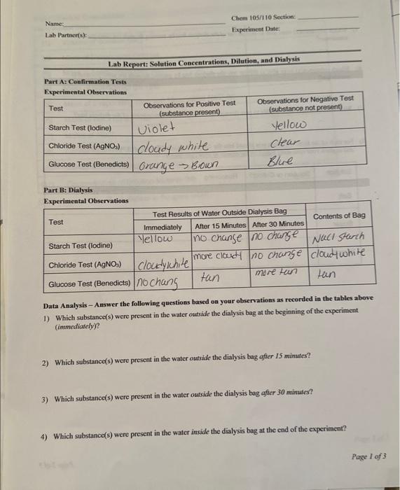 Name: Chem 105n10 Section: Lab Partner(s): Experiment | Chegg.com