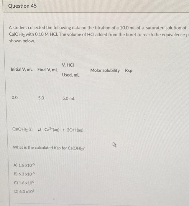 Solved Question 45 A student collected the following data on | Chegg.com