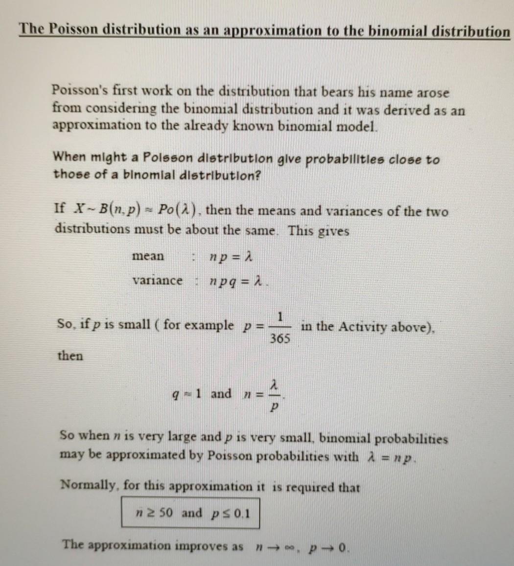 Solved The Poisson distribution as an approximation to the | Chegg.com