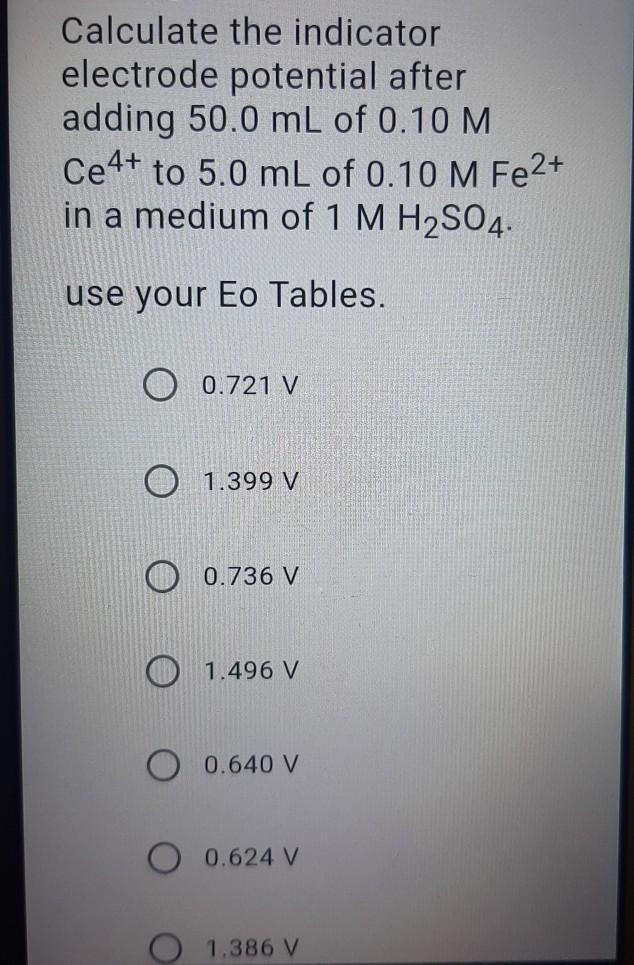 Calculate the indicator electrode potential after | Chegg.com