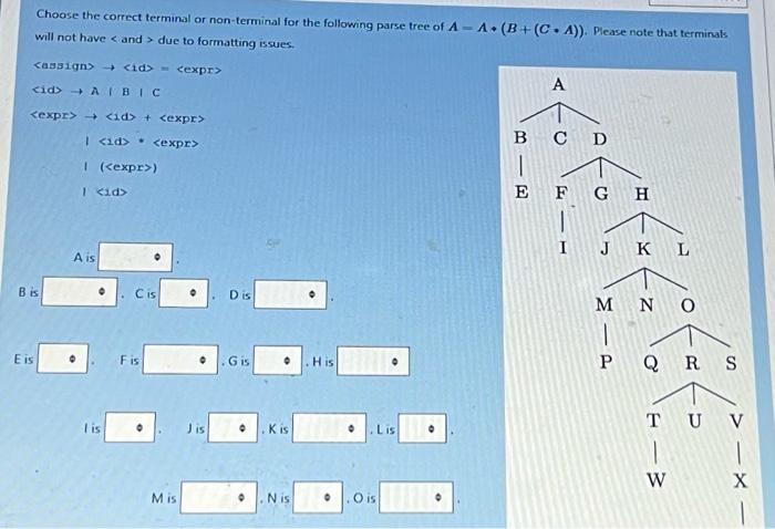 Solved Choose the correct terminal or non-terminal for the | Chegg.com