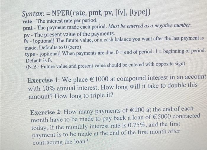 Solved Syntax: = PV (rate, nper, pmt, [fv], [type ]) rate - | Chegg.com