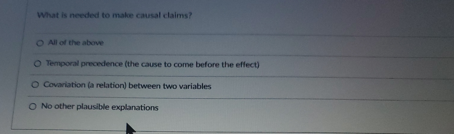 Solved What is needed to make causal claims?All of the | Chegg.com