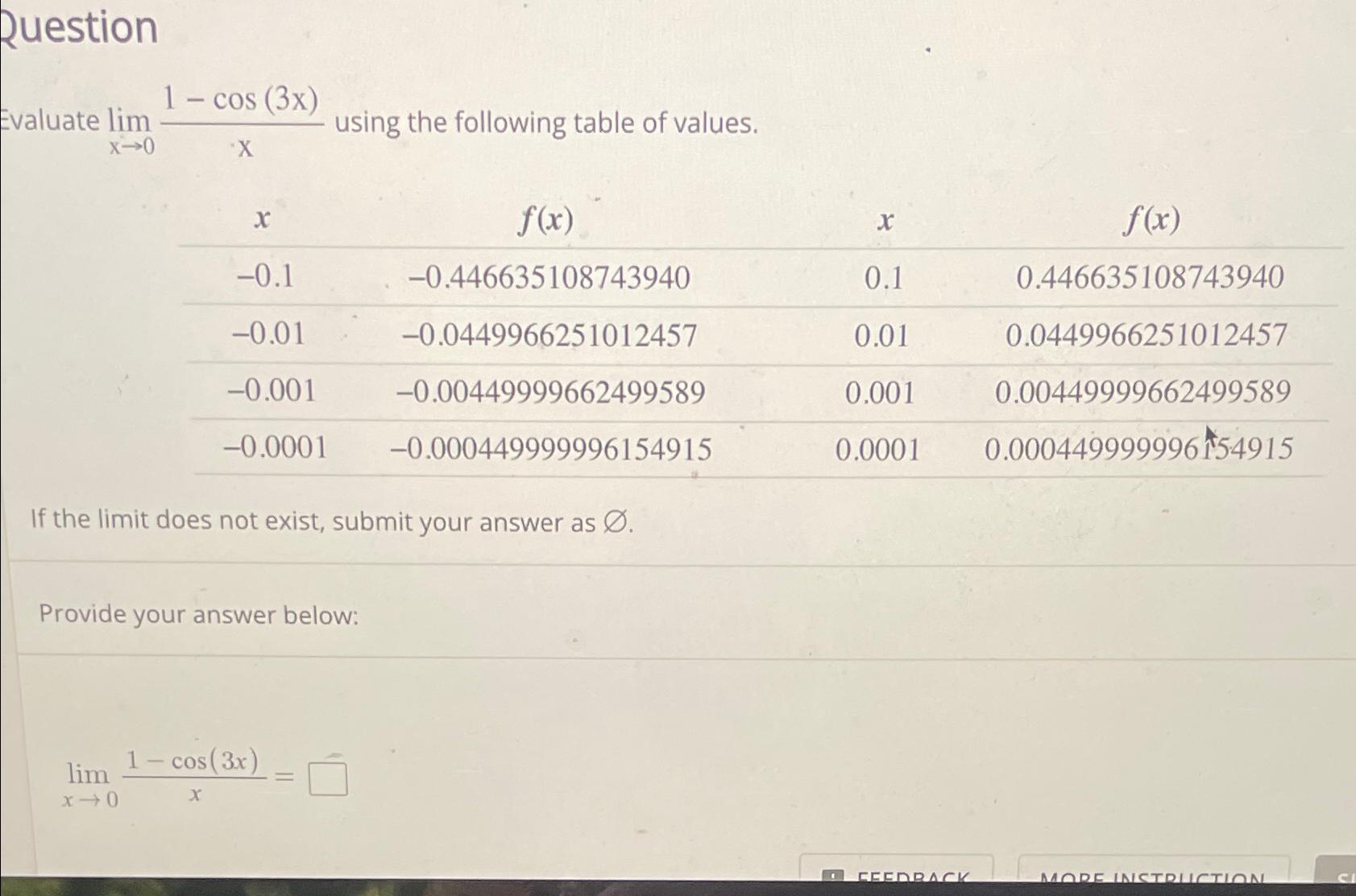 Solved RuestionEvaluate limx→01-cos(3x)x ﻿using the | Chegg.com