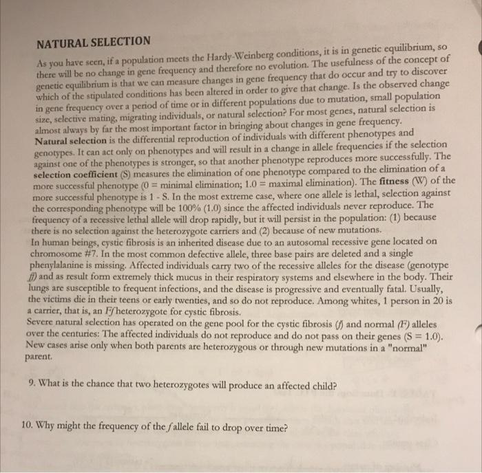 Solved NATURAL SELECTION As you have seen, if a population | Chegg.com