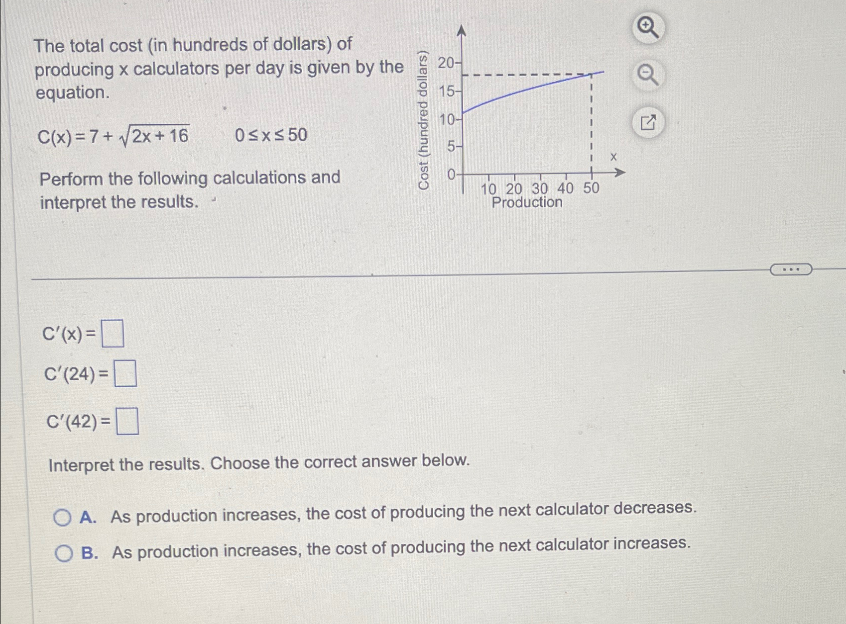 Solved The total cost (in hundreds of dollars) ﻿of producing | Chegg.com