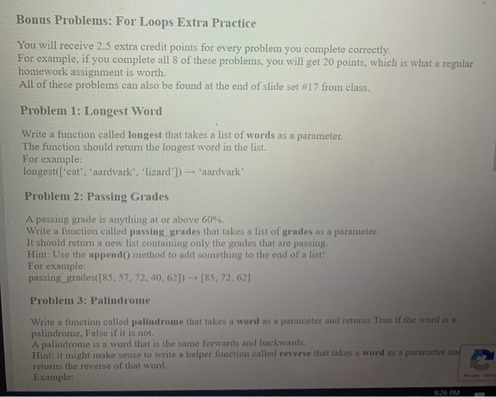 Bonus Problems: For Loops Extra Practice You will | Chegg.com