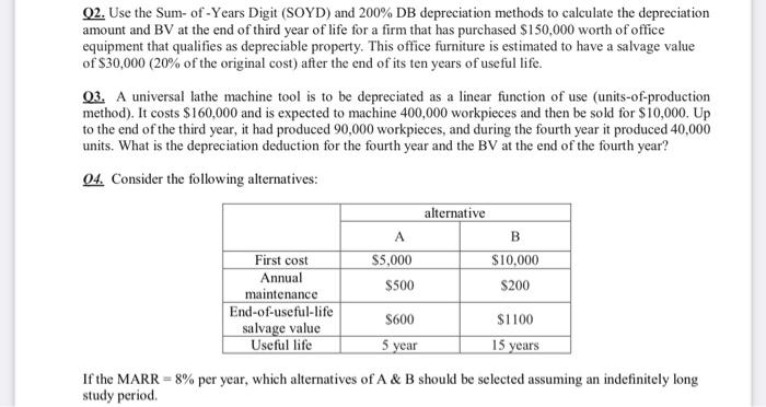 Solved Q2. Use the Sum- of -Years Digit (SOYD) and 200% DB | Chegg.com