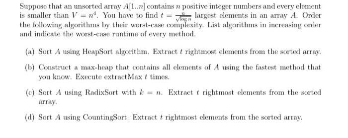 Suppose that an unsorted array A[1..n] contains n | Chegg.com