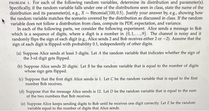 Solved PROBLEM 1. For each of the following random | Chegg.com
