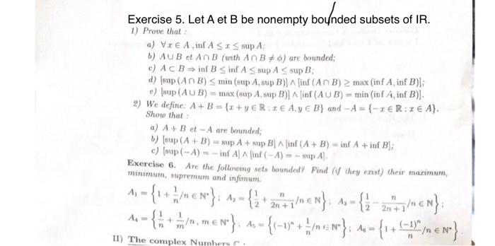 Solved Exercise 5 . Let A et B be nonempty boulnded subsets | Chegg.com