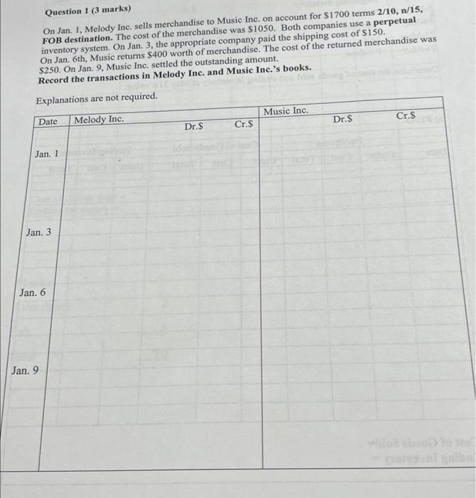 Solved Question 1 3 Marks On Jan 1 Melody Inc Sells 