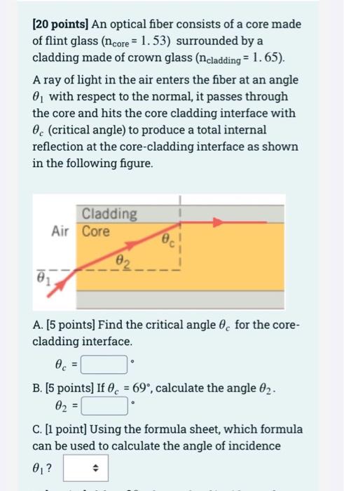 Solved [20 points) An optical fiber consists of a core made | Chegg.com