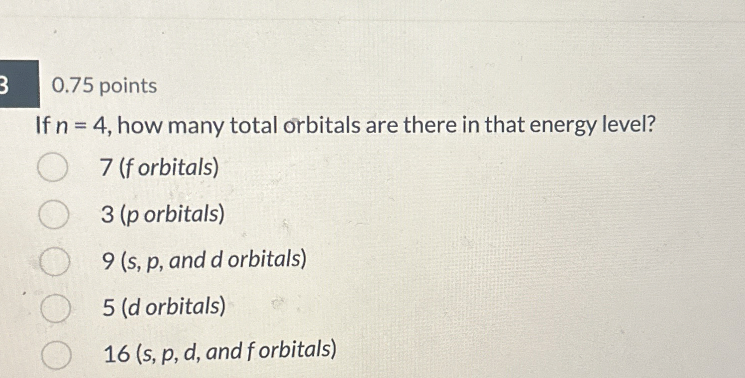 Solved 0.75 ﻿pointsIf n=4, ﻿how many total orbitals are | Chegg.com