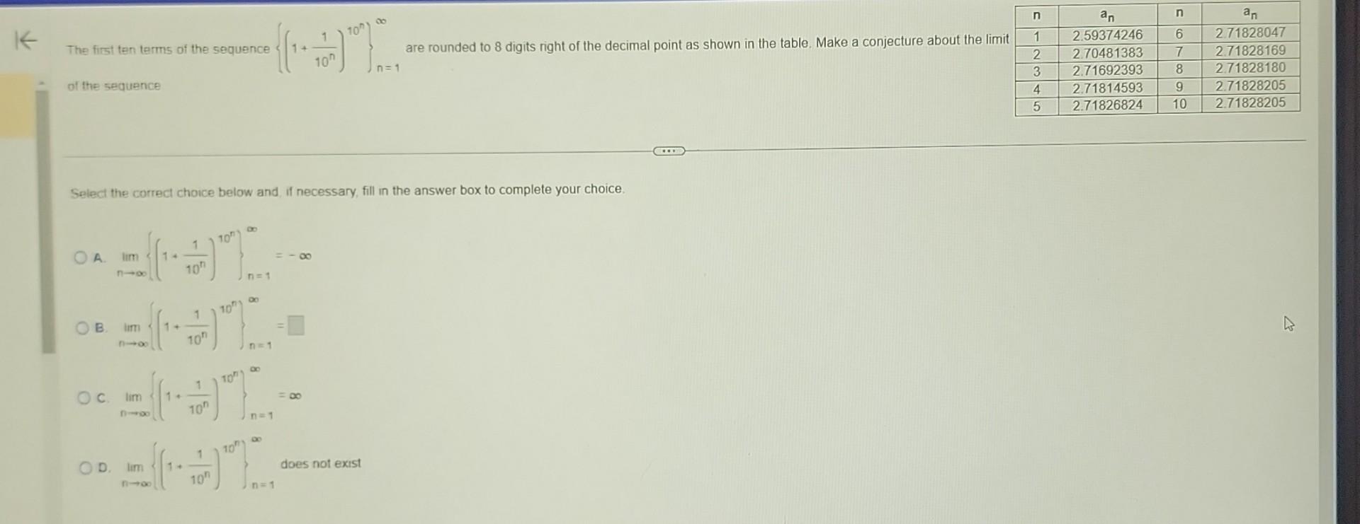The first ten terms of the sequence {(1+10n1)10n}n=1∞ | Chegg.com