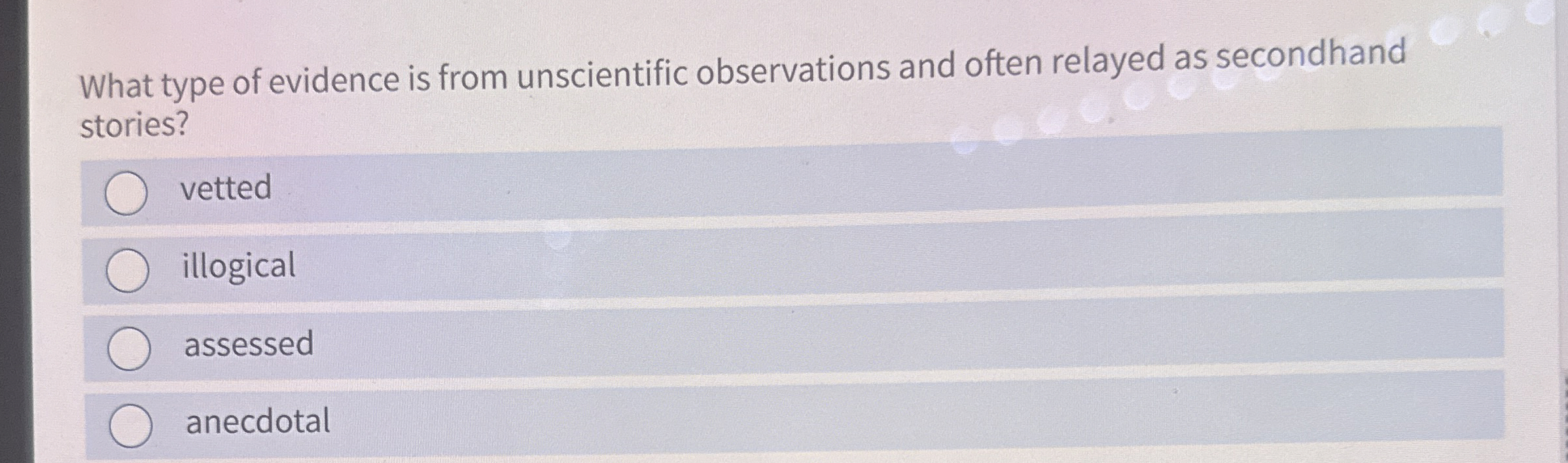 Solved What type of evidence is from unscientific | Chegg.com
