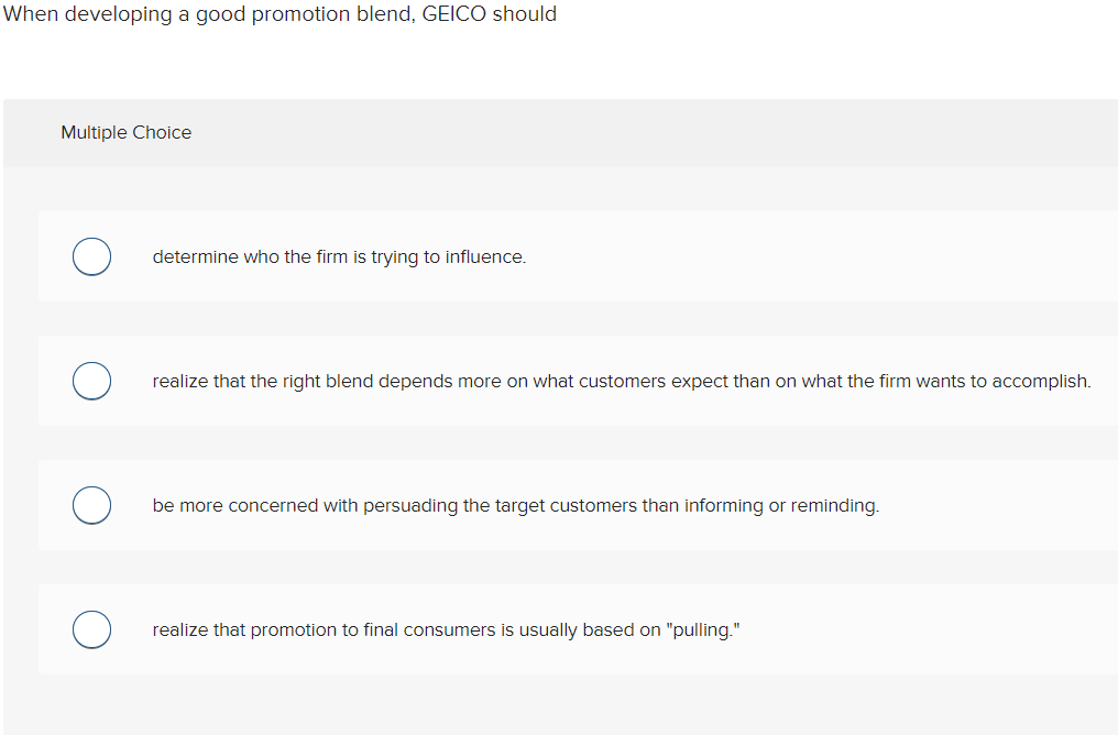 Solved When developing a good promotion blend, GEICO | Chegg.com
