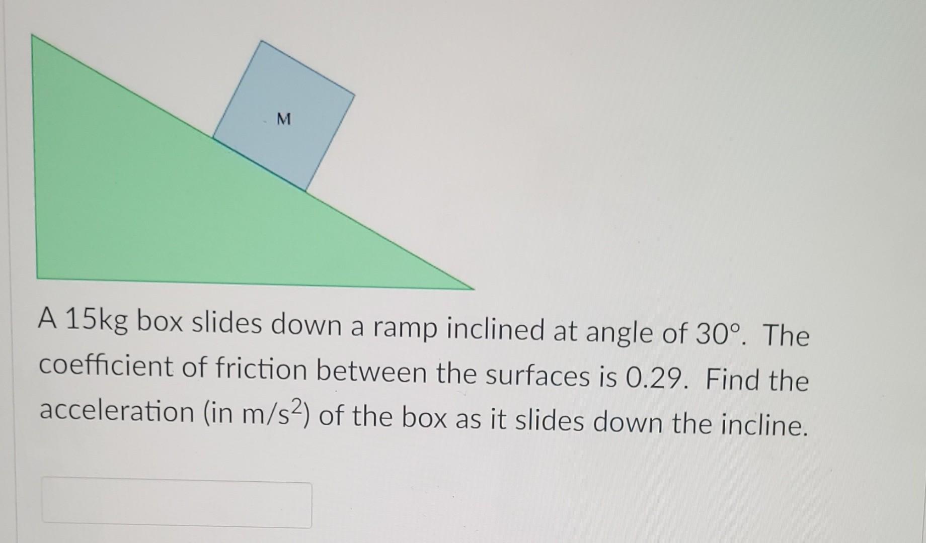 Solved A 15 kg box slides down a ramp inclined at angle of | Chegg.com