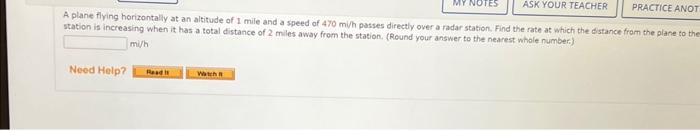 Solved A plane flying horizontally at an altitude of 1 mile | Chegg.com