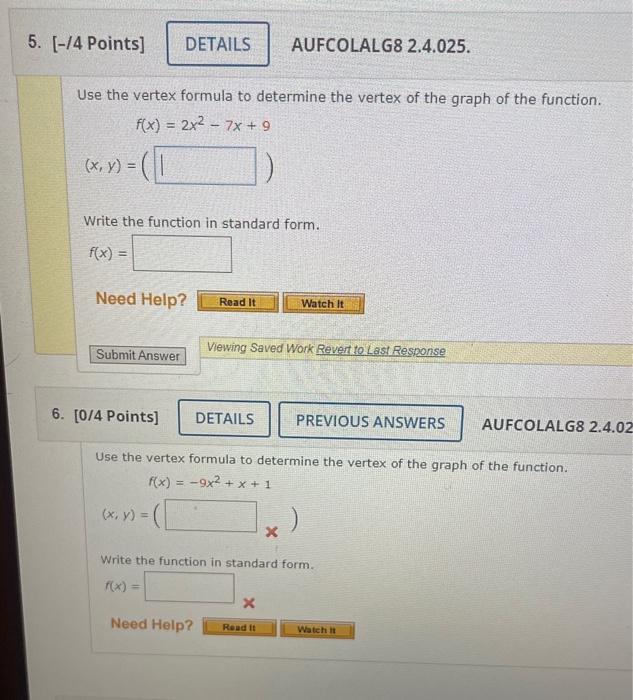 Use the vertex formula to determine the vertex of the | Chegg.com