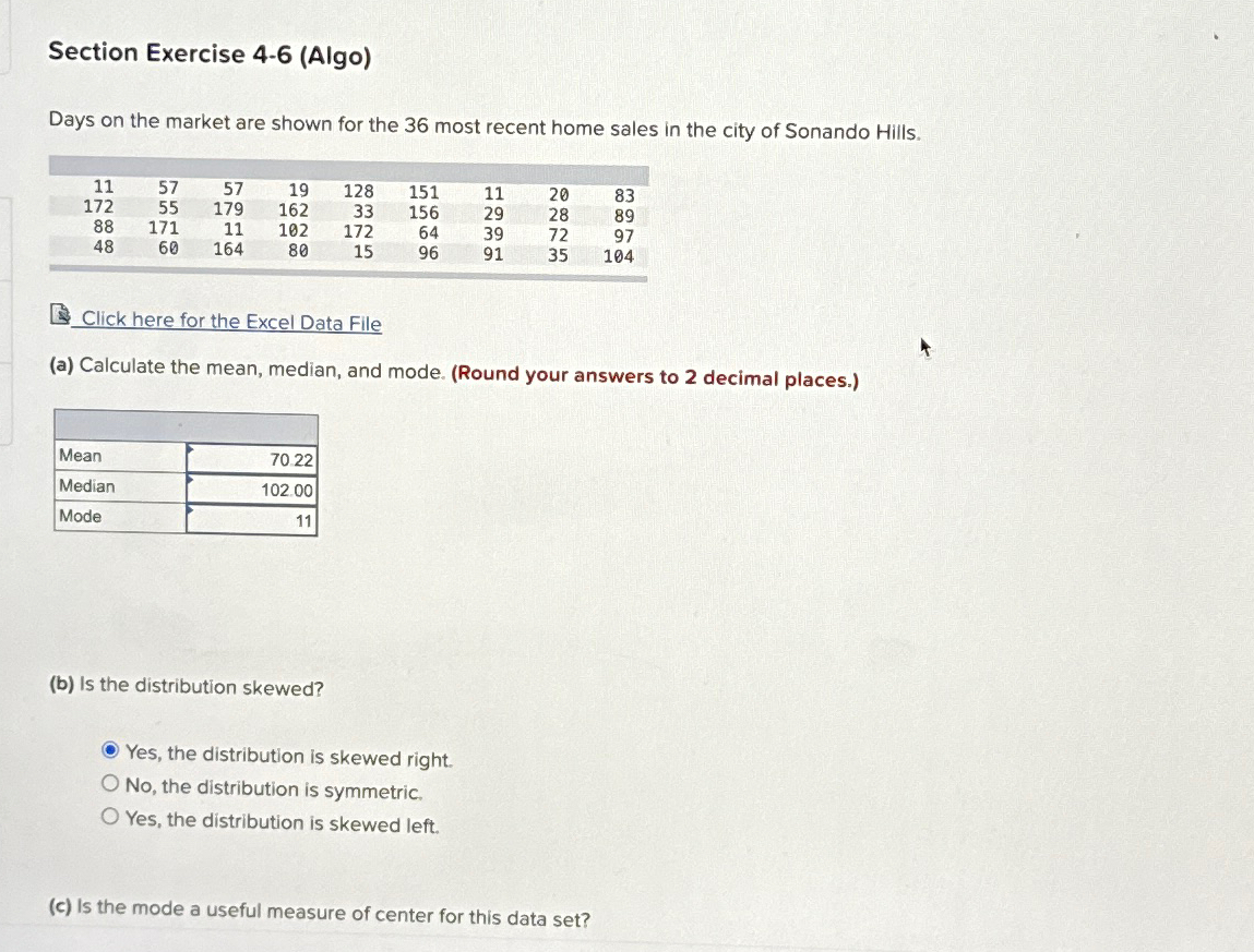 Solved Section Exercise 4-6 (Algo)Days on the market are | Chegg.com