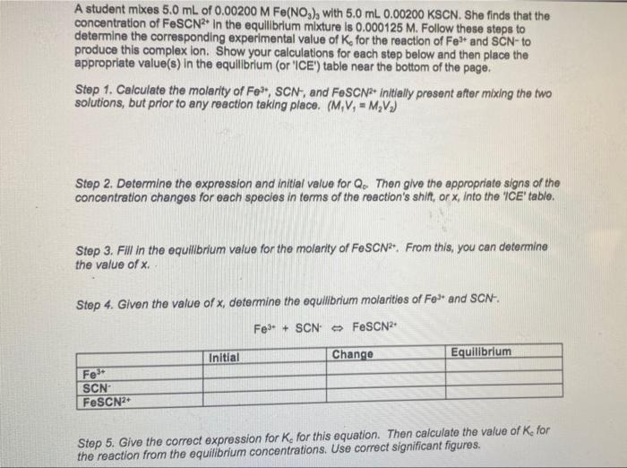 Solved A student mixes 5.0 mL of 0.00200 M Fe(NO3), with 5.0 | Chegg.com
