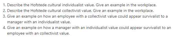 Solved 1.Describe the Hofstede cultural individualist value. | Chegg.com