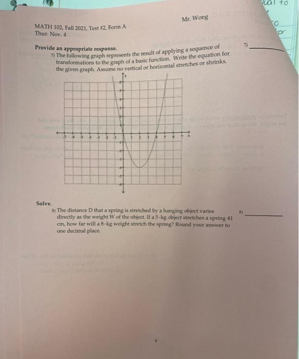 Solved Mr. Wong MATH 102, Fall 2021, Test 12. Form A Thur. | Chegg.com