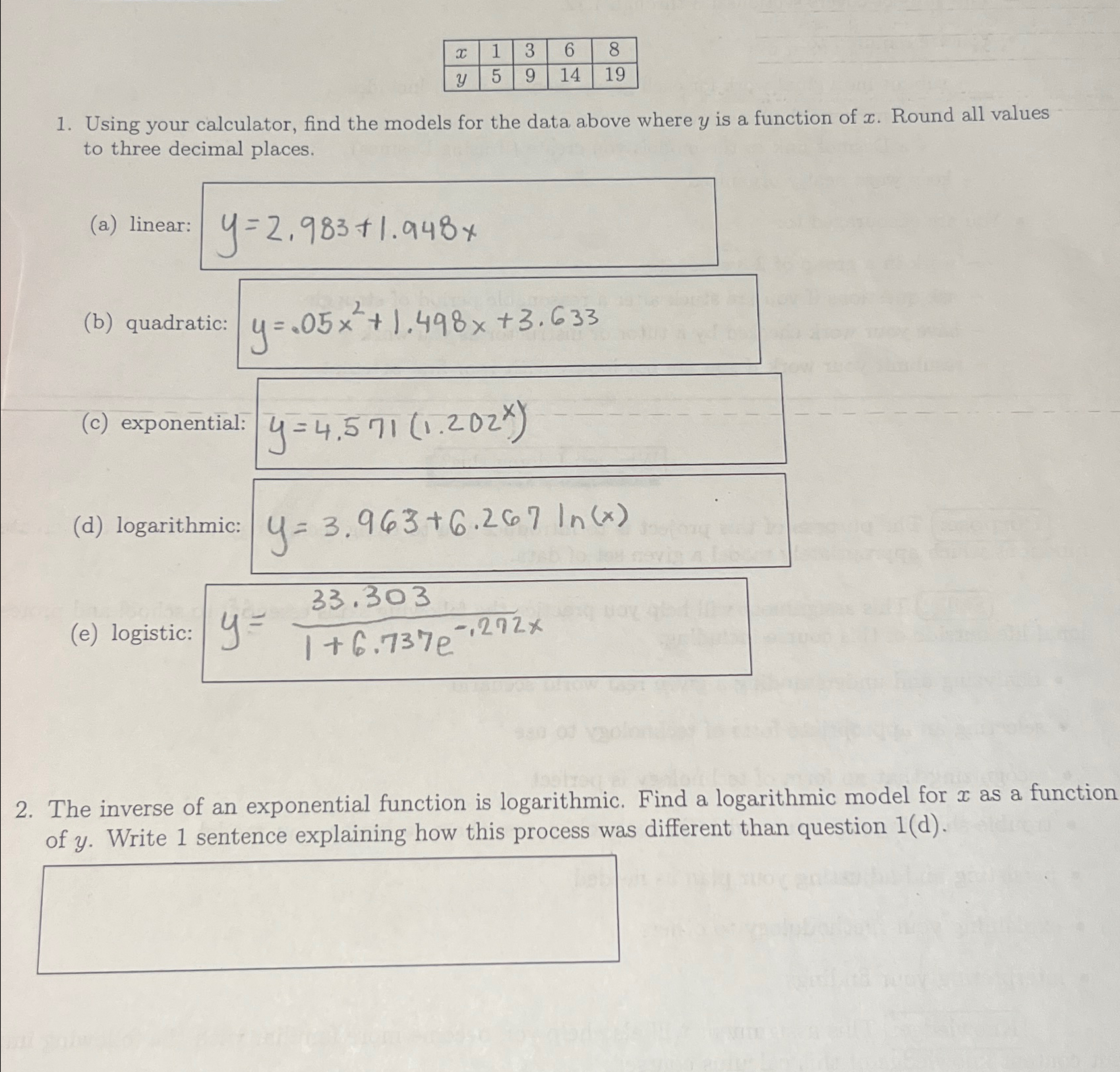 Solved \table[[x,1,3,6,8],[y,5,9,14,19]]Using your | Chegg.com