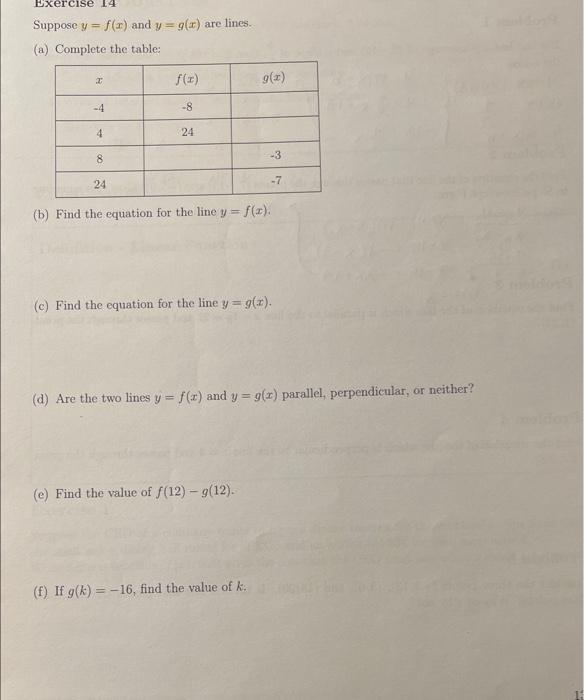 Solved Suppose y=f(x) and y=g(x) are lines. (a) Complete the | Chegg.com