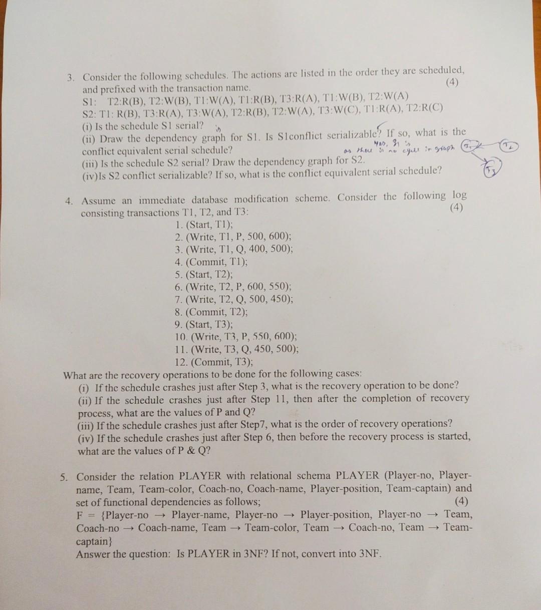 Solved 3. Consider the following schedules. The actions are | Chegg.com