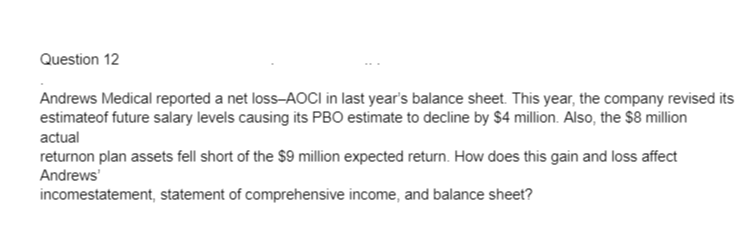 Solved Question 12 Andrews Medical reported a net loss-AOCI | Chegg.com