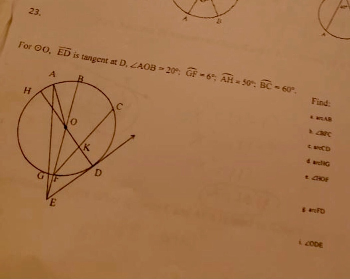 Solved For OO, ED is tangent at D. ZAOB = 20°: GF = 69 AM = | Chegg.com