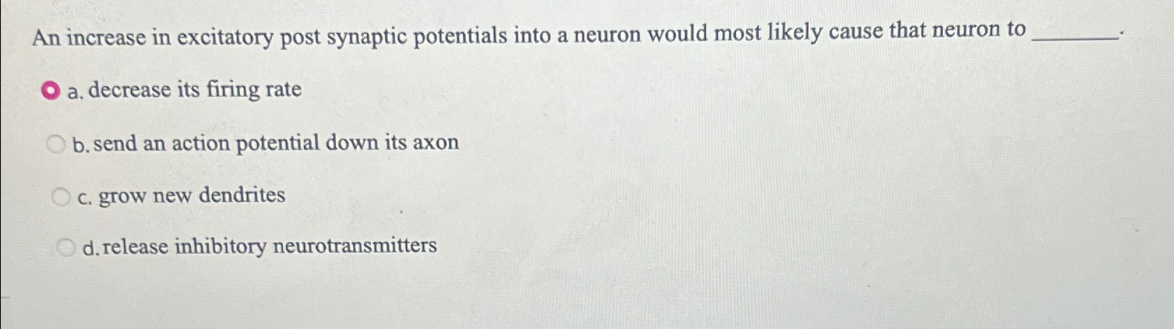 Solved An increase in excitatory post synaptic potentials | Chegg.com