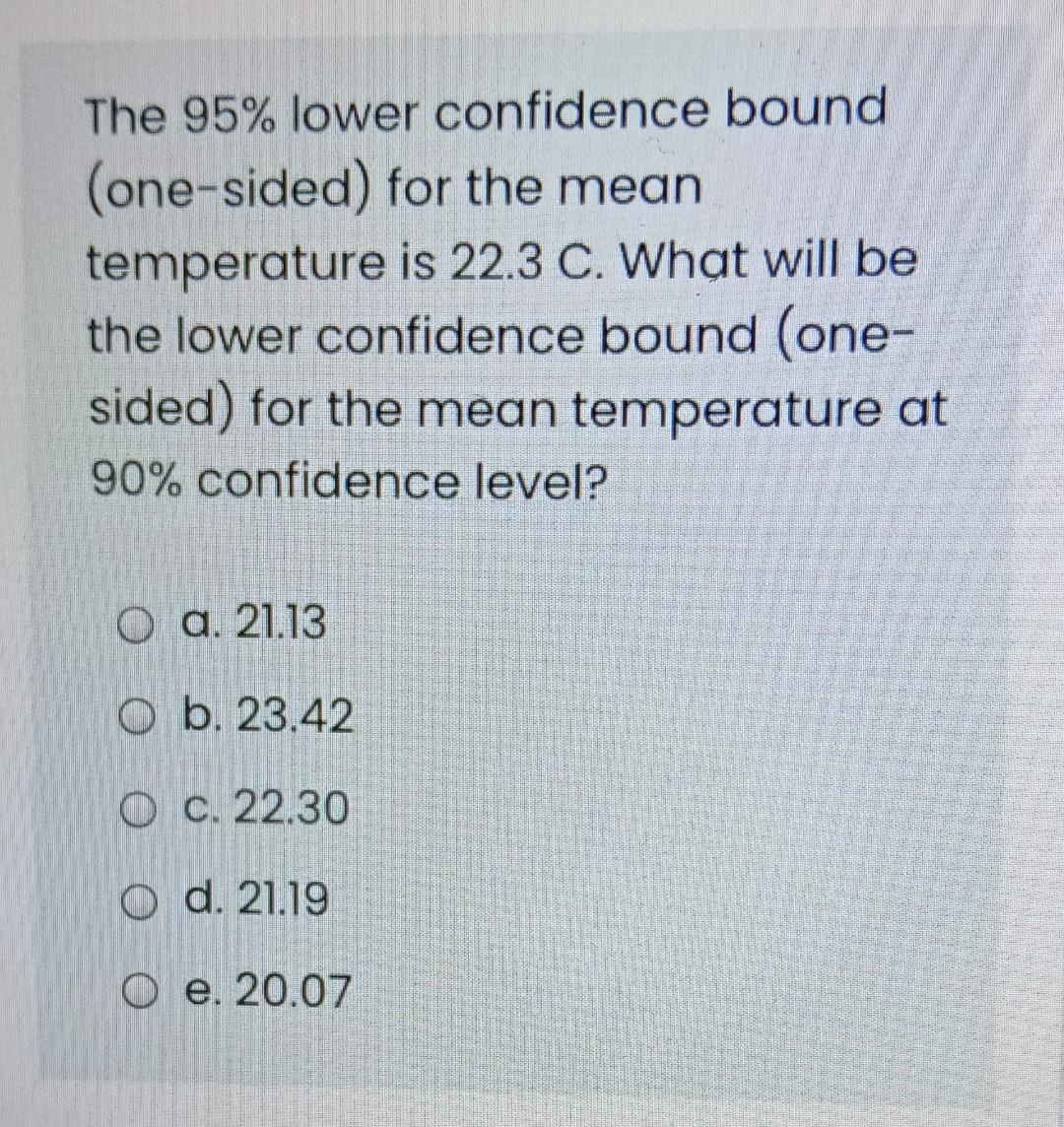 Solved The 95% lower confidence bound (one-sided) for the | Chegg.com