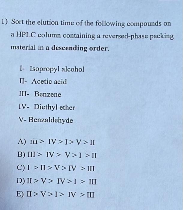 Solved Sort the elution time of the following compounds on a | Chegg.com