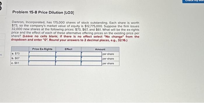 Solved Problem 15-8 Price Dilution [LO3] Damron, | Chegg.com