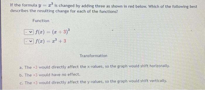 Solved If the formula y=x3 is changed by adding three as | Chegg.com
