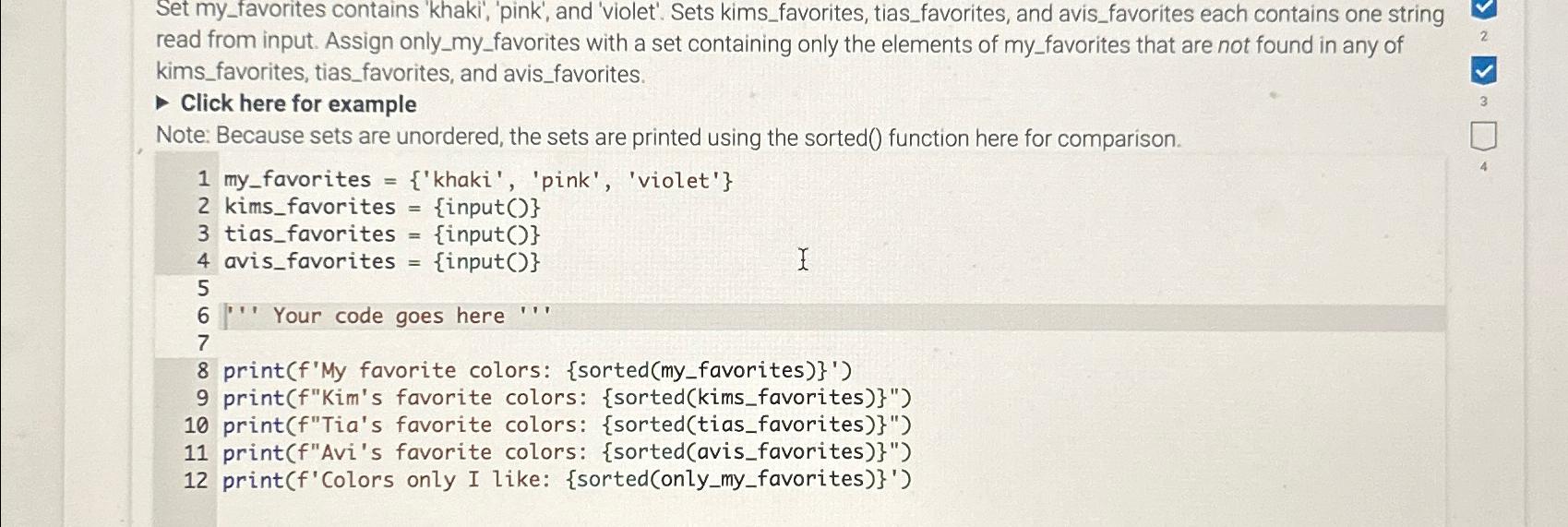 Solved Set my_favorites contains 'khaki', 'pink', and | Chegg.com